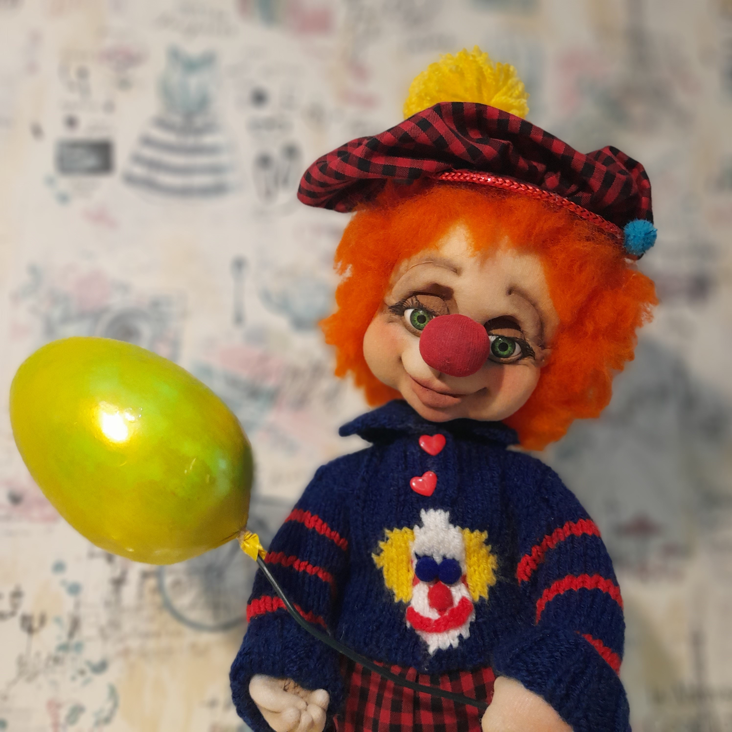 SOLD Clown Doll, Balloon Clown, Red Clown, Beret Clown, Clown Hat ...