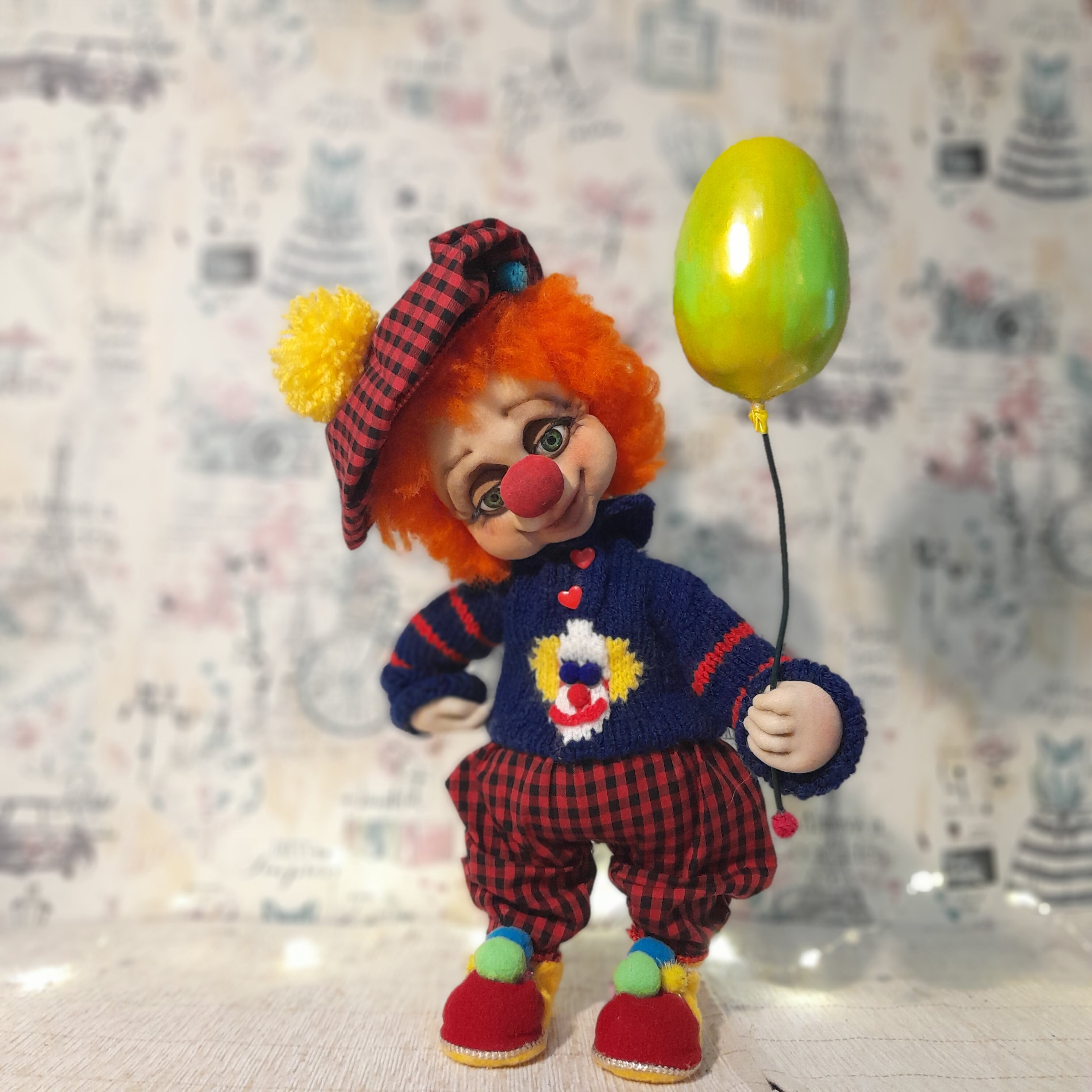 SOLD Clown Doll, Balloon Clown, Red Clown, Beret Clown, Clown Hat ...