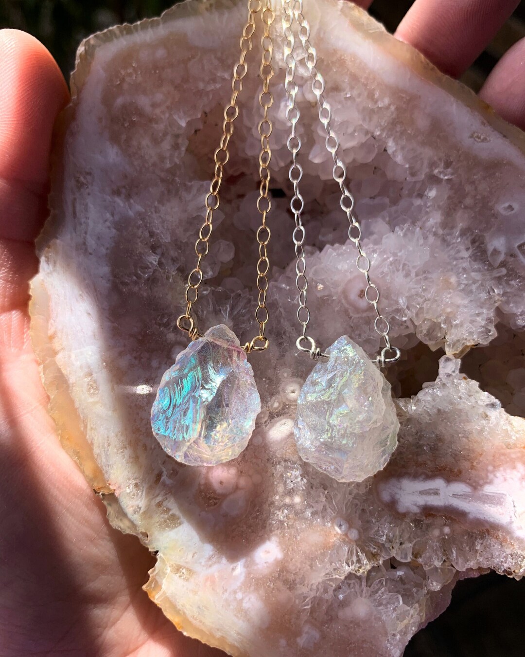 Angel Aura Quartz Crystal Necklace, Dainty Aura Quartz Necklace, Gold ...