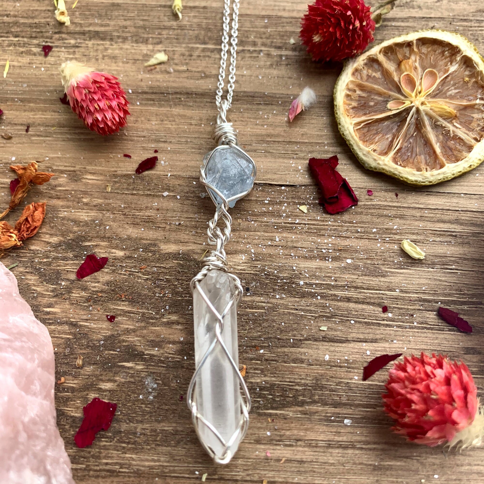 Raw Double Celestite / Quartz Crystal Necklace, Pure Copper, Gift for ...