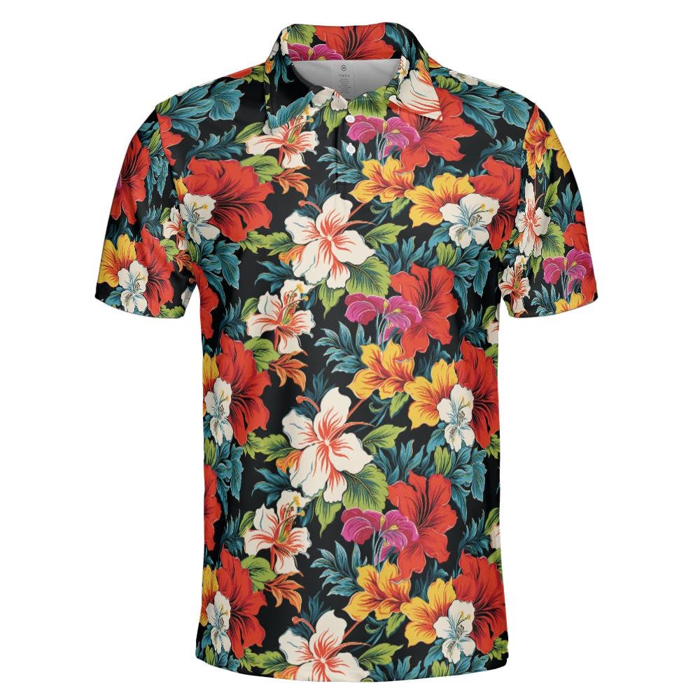 Tropical Floral Hawaiian Polo Shirts for Men Moisture Wicking Short ...