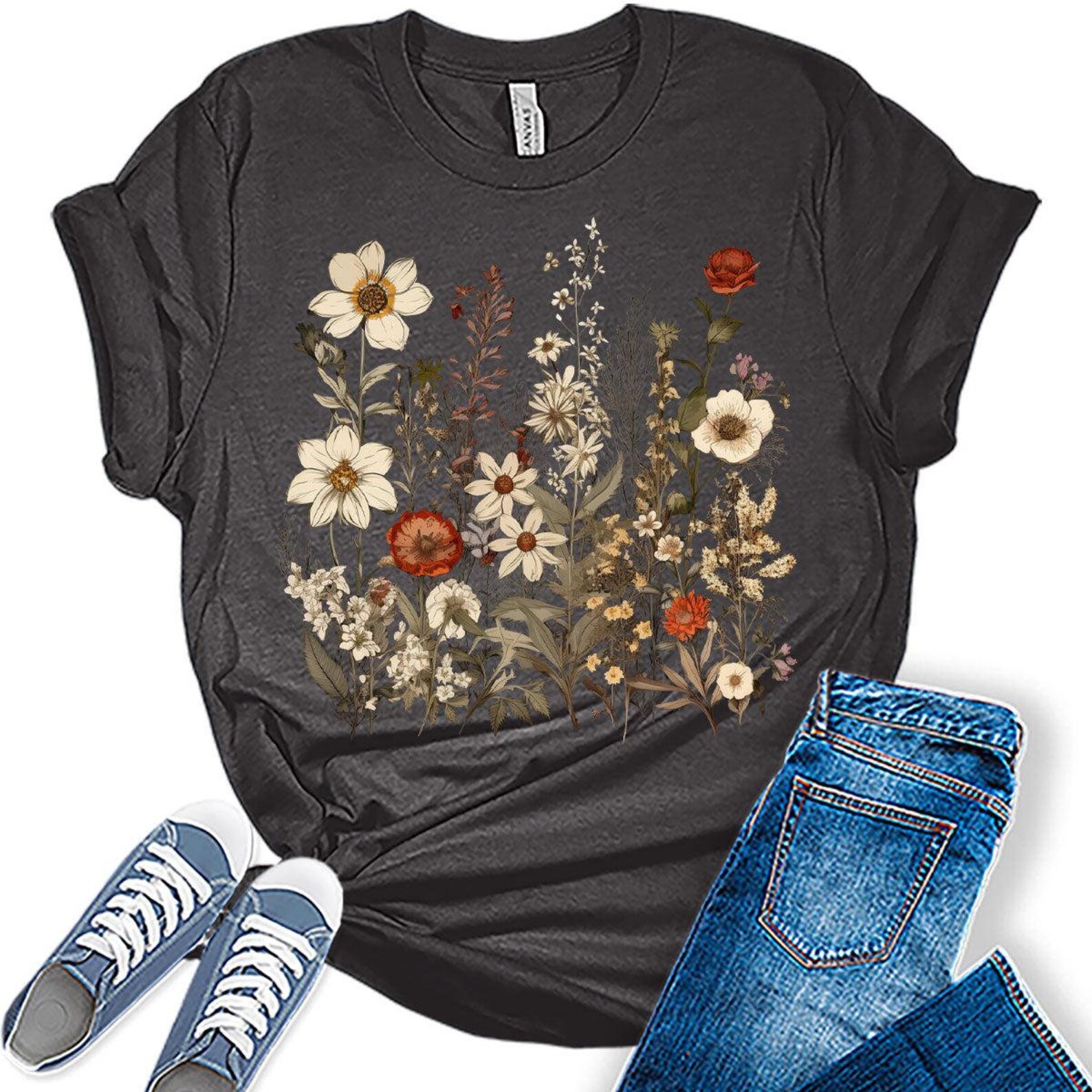 Boho Wildflower Collage Shirt Floral Womens Graphic Tees, Flower Shirt ...