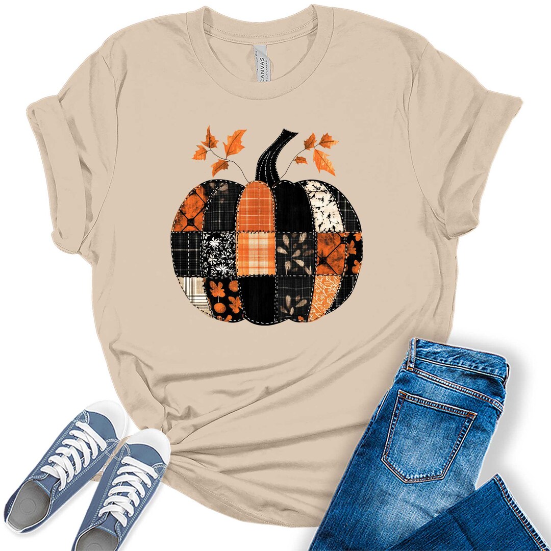 Women's Buffalo Plaid Patched Pumpkin Fall Graphic Tees, Autumn Shirt ...