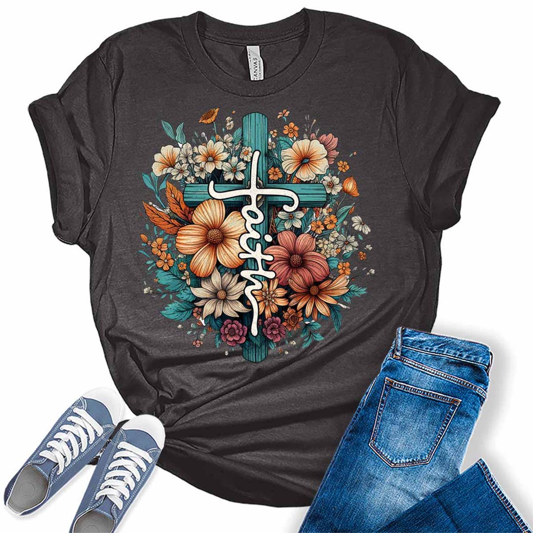 Faith Shirt Floral Cross Tshirts Christian Graphic Tees for Women ...