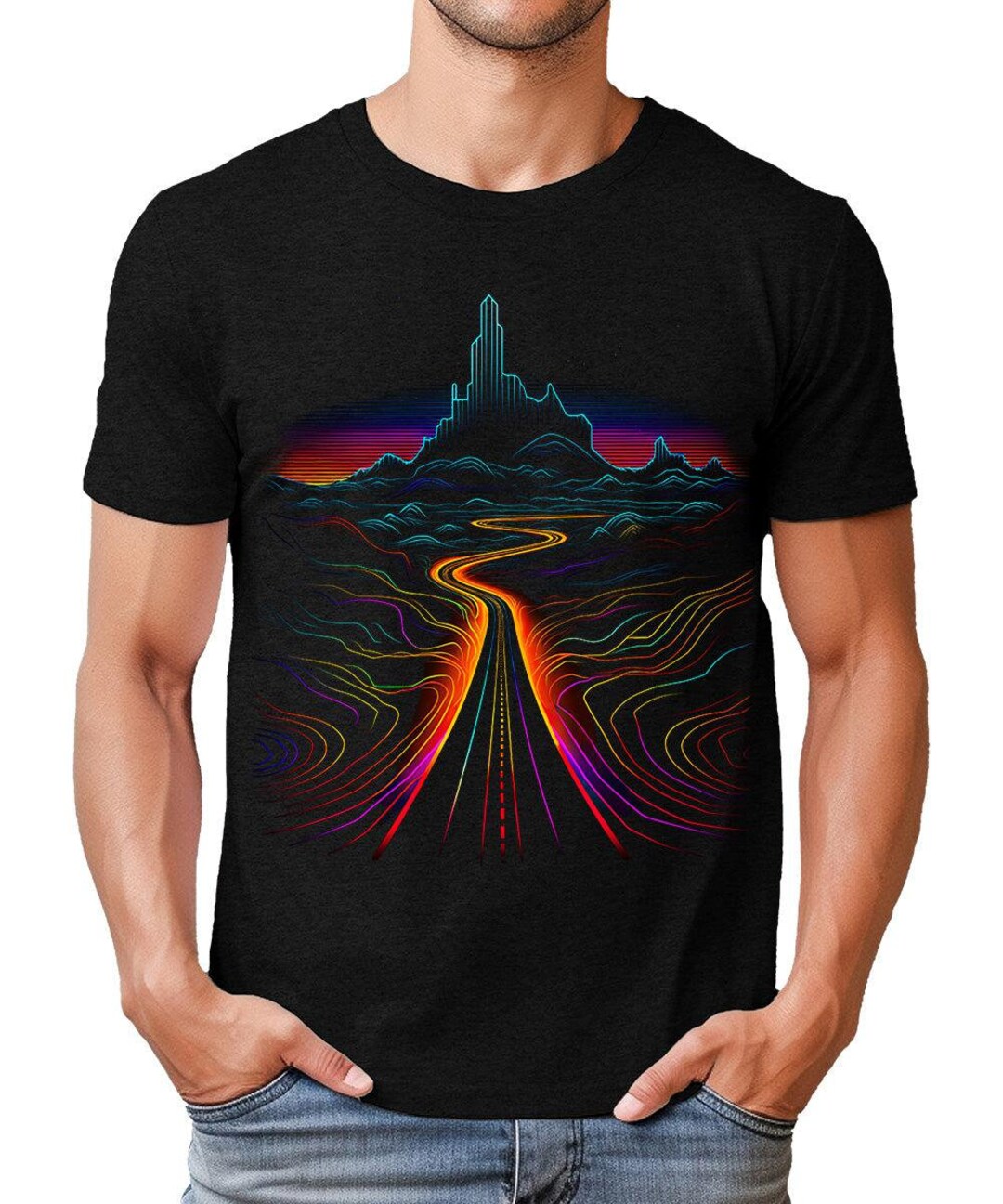 Midnight Desert Highway Mens Trippy Graphic Tee Premium Short Sleeve ...