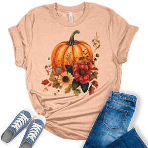 Trendy Fall Pumpkin Flower Graphic Tees for Women, Trendy Fall Shirts ...