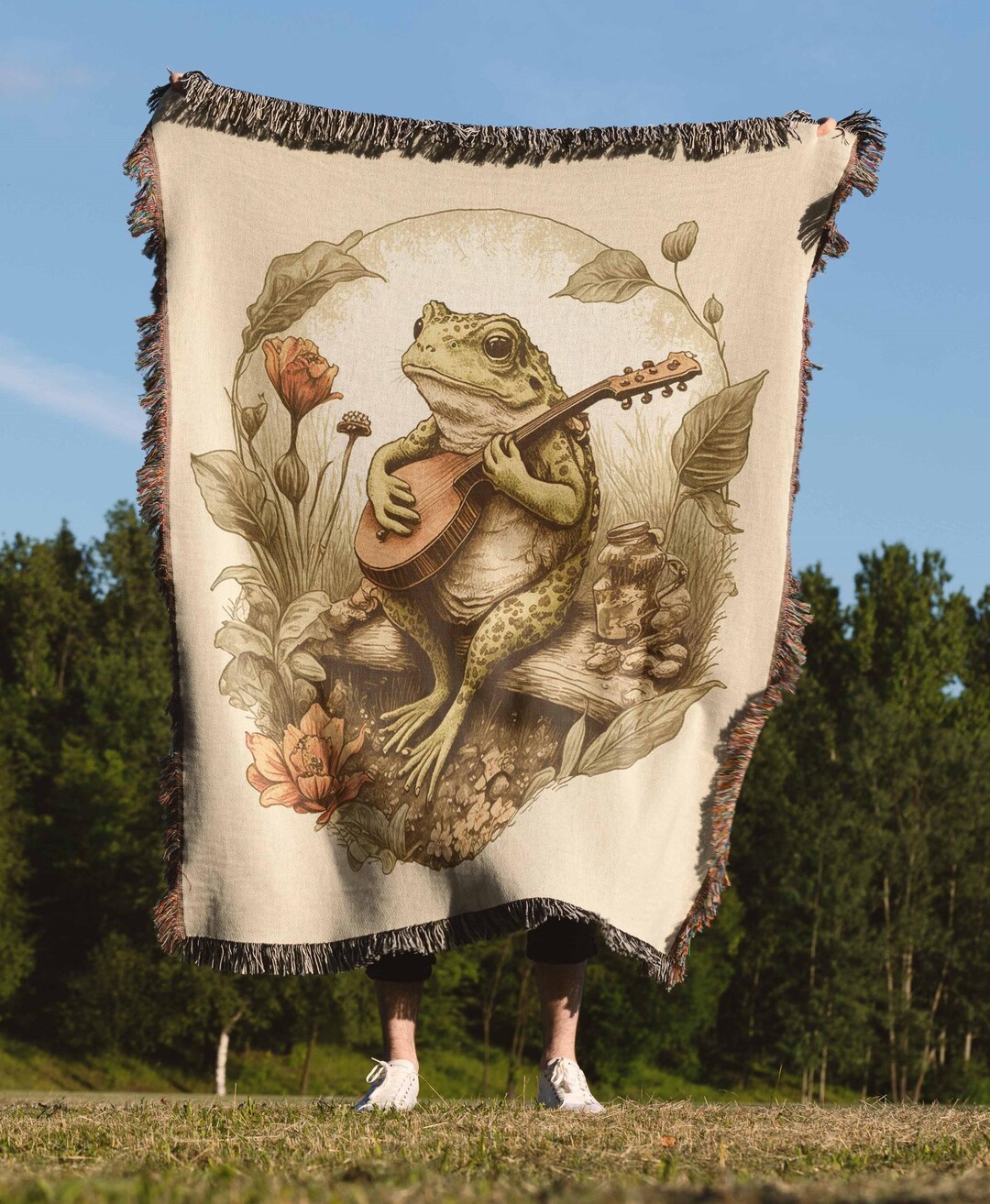 Frog Banjo Woven Blanket: Cottagecore Fringed Throw (50" X 60") - Etsy