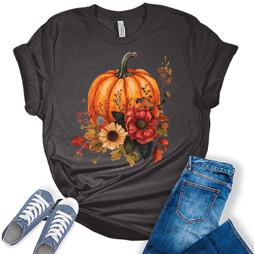Trendy Fall Pumpkin Flower Graphic Tees for Women, Trendy Fall Shirts ...