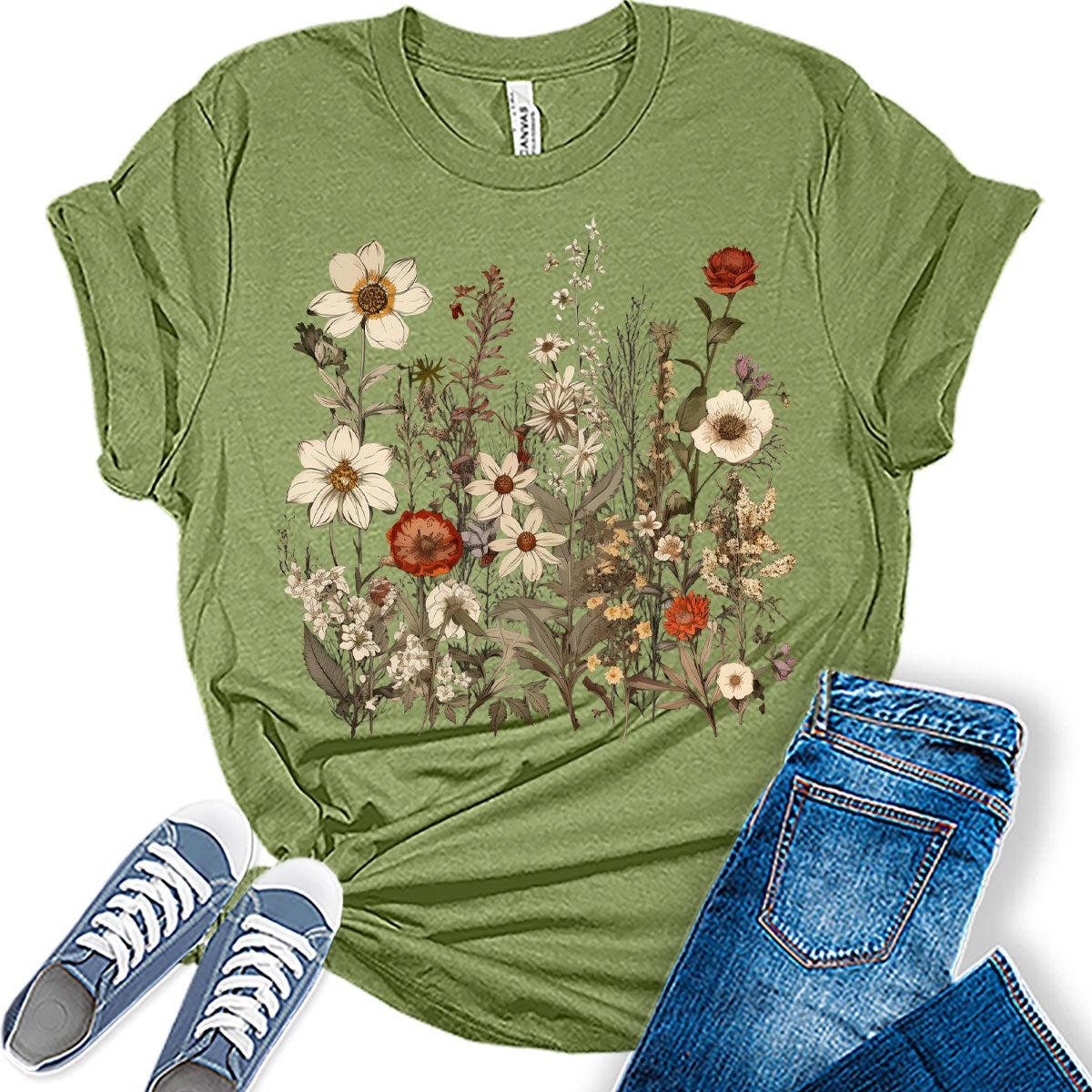 Boho Wildflower Collage Shirt Floral Womens Graphic Tees, Flower Shirt ...