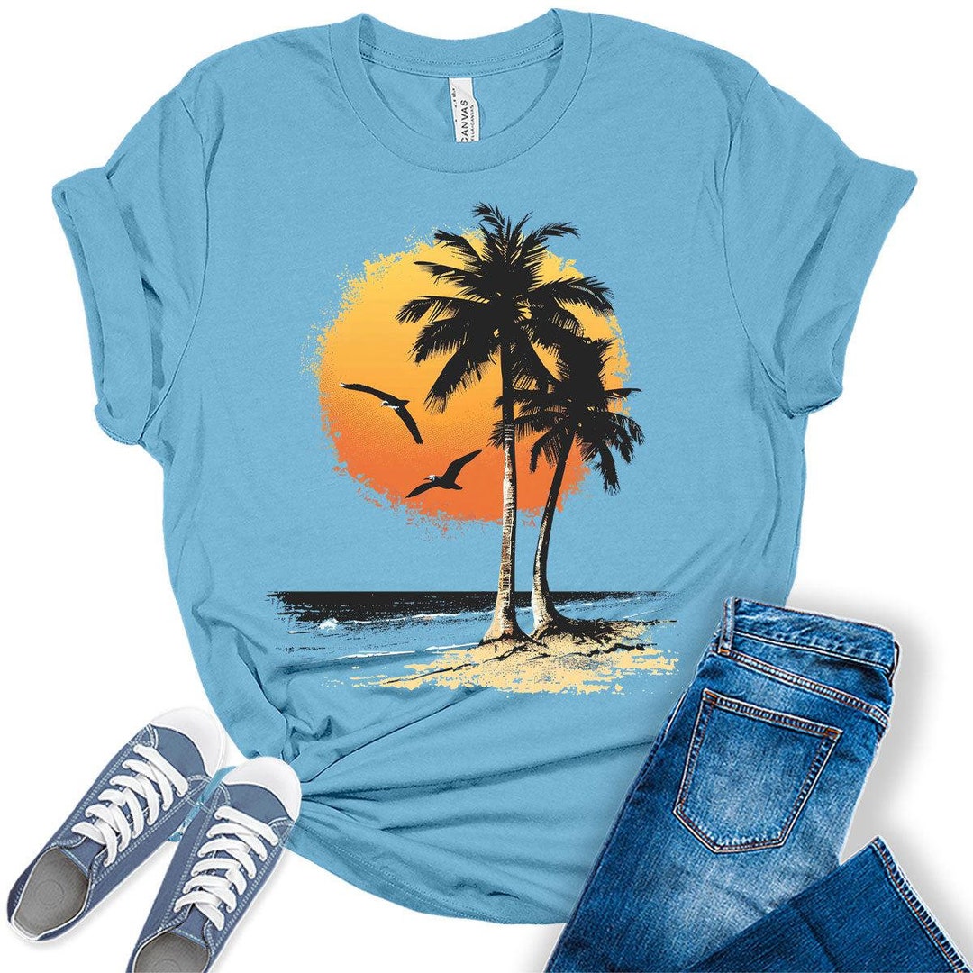 Summer Beach Shirts for Women Palm Tree Sunset Graphic Tees, Gifts for ...