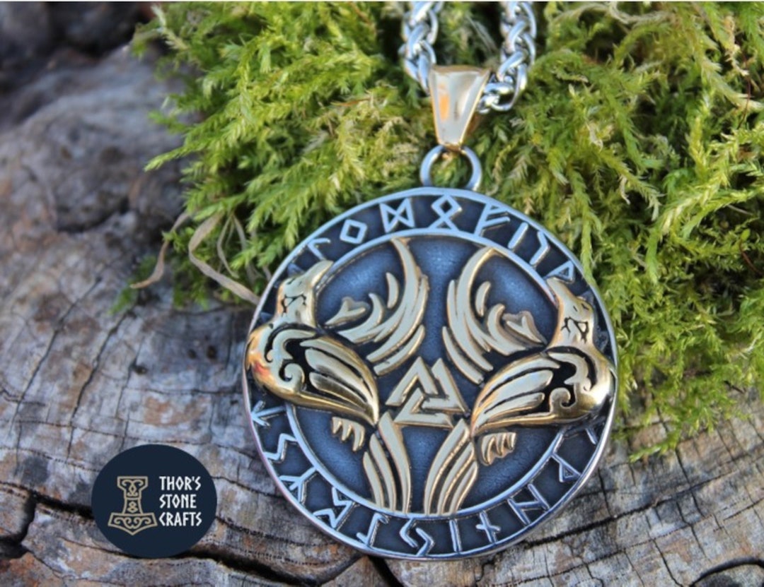Viking Raven Pendant Necklace Huginn & Muninn Two Tone Odin Thor Freyja ...