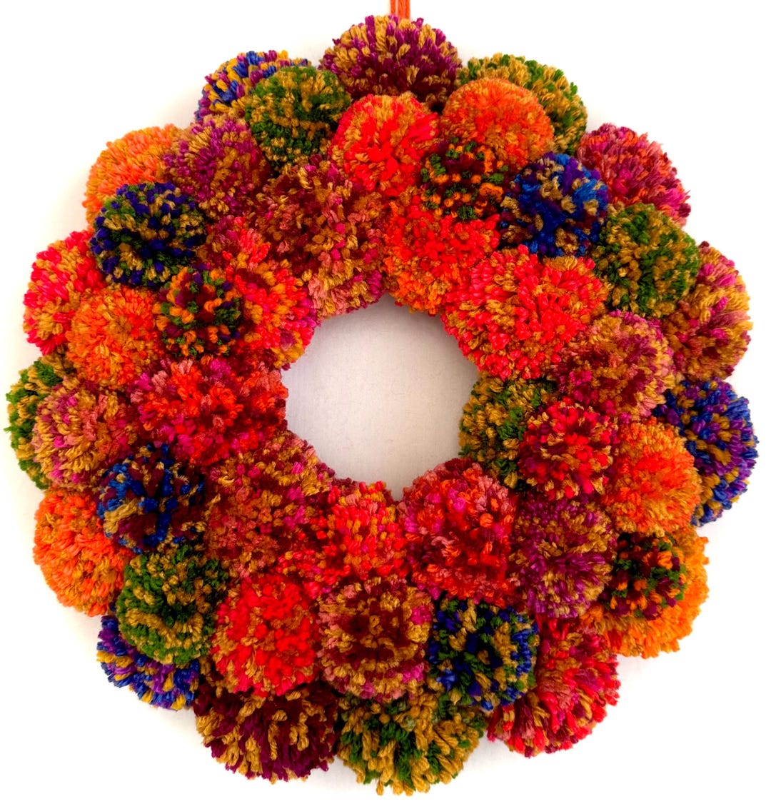Autumn Pom Pom Wreath, Fall Foliage Wall Art, Cozy Lightweight Yarn ...
