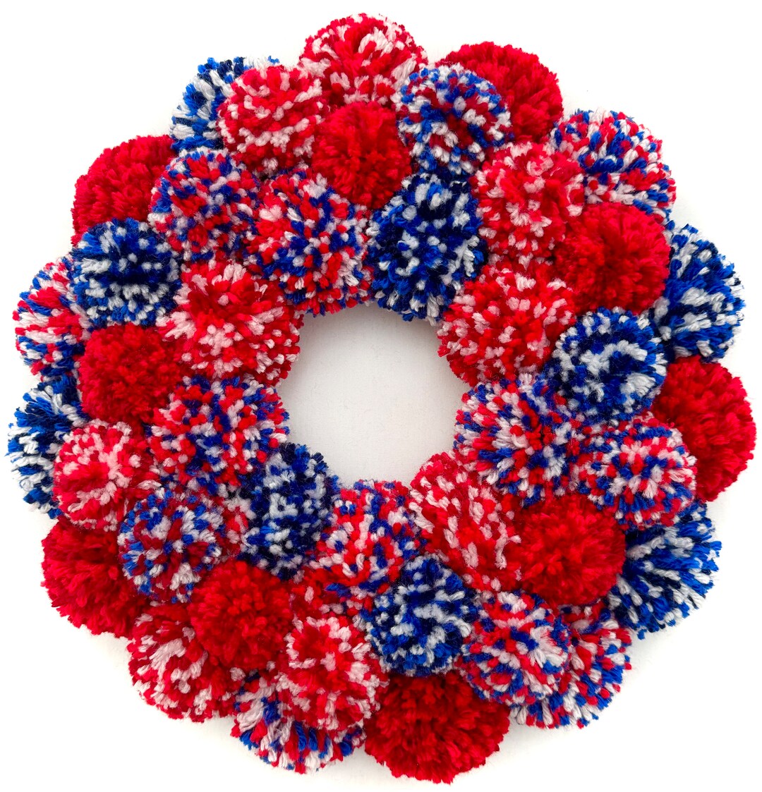 Handmade Patriotic Pom Pom Wreath, July 4th Wall Art, Red White Blue ...