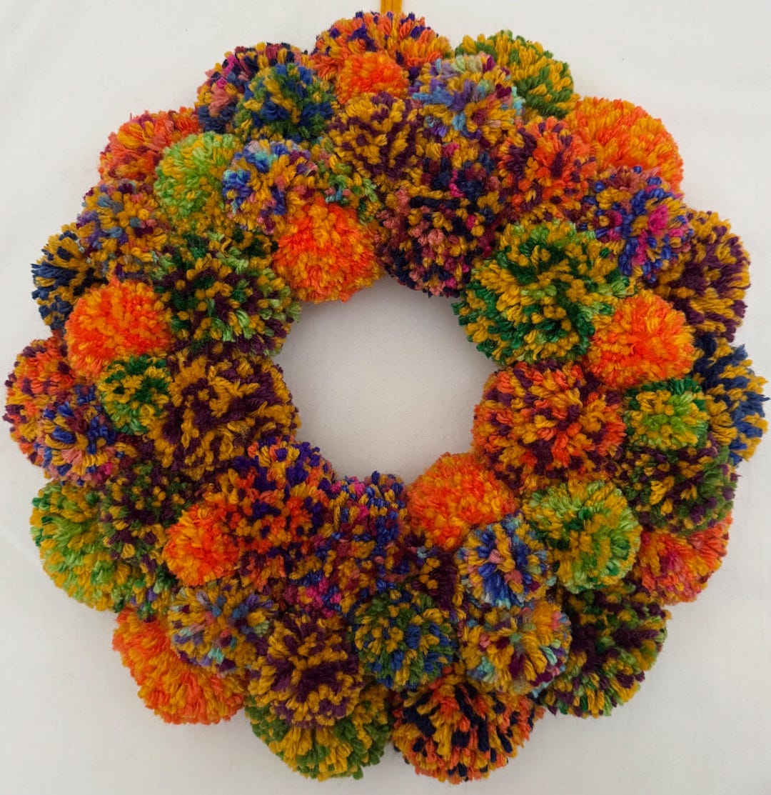 Autumn Pom Pom Wreath, Rich Fall Foliage Decor, Rustic Farmhouse Door ...