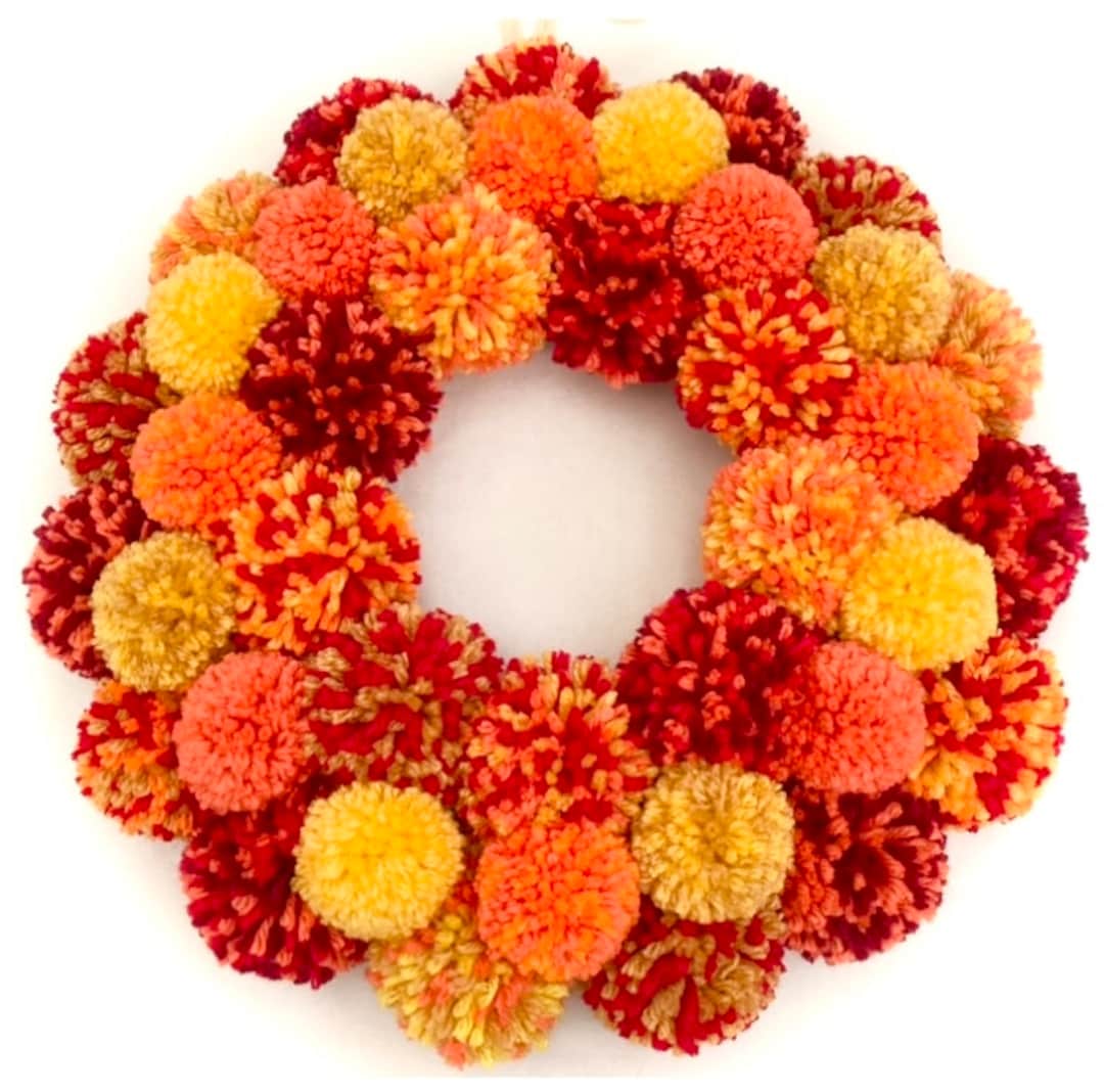 Autumn Pom Pom Wreath / Cozy Thanksgiving Hostess Gift / Orange Harvest ...
