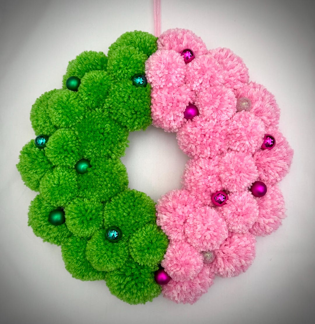 Whimsical Green & Pink Pom Pom Wreath, Wickedly Cool Wall Decor, for ...
