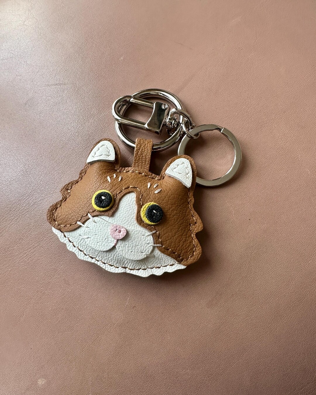 Hand-stitched Leather Cat Head Keychain / Leather Bag Charm | Handmade ...