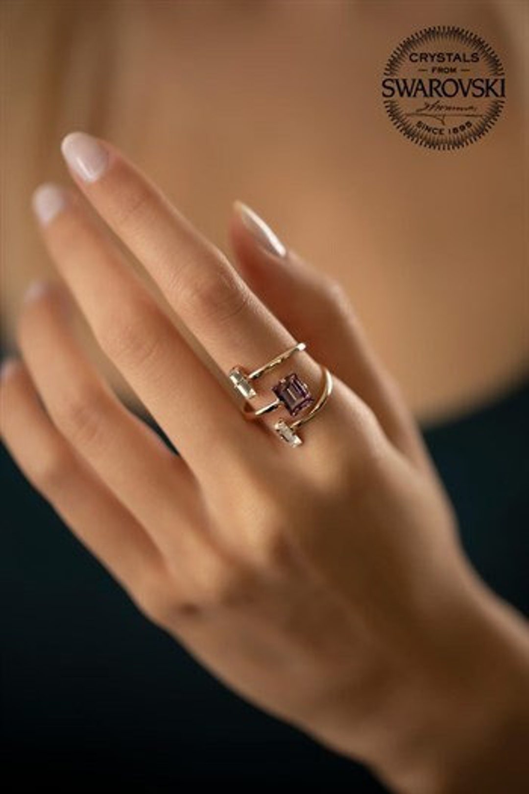 SWAROVSKI Silver Ring Ring 925 Sterling Double Stick and Baguette Rose ...