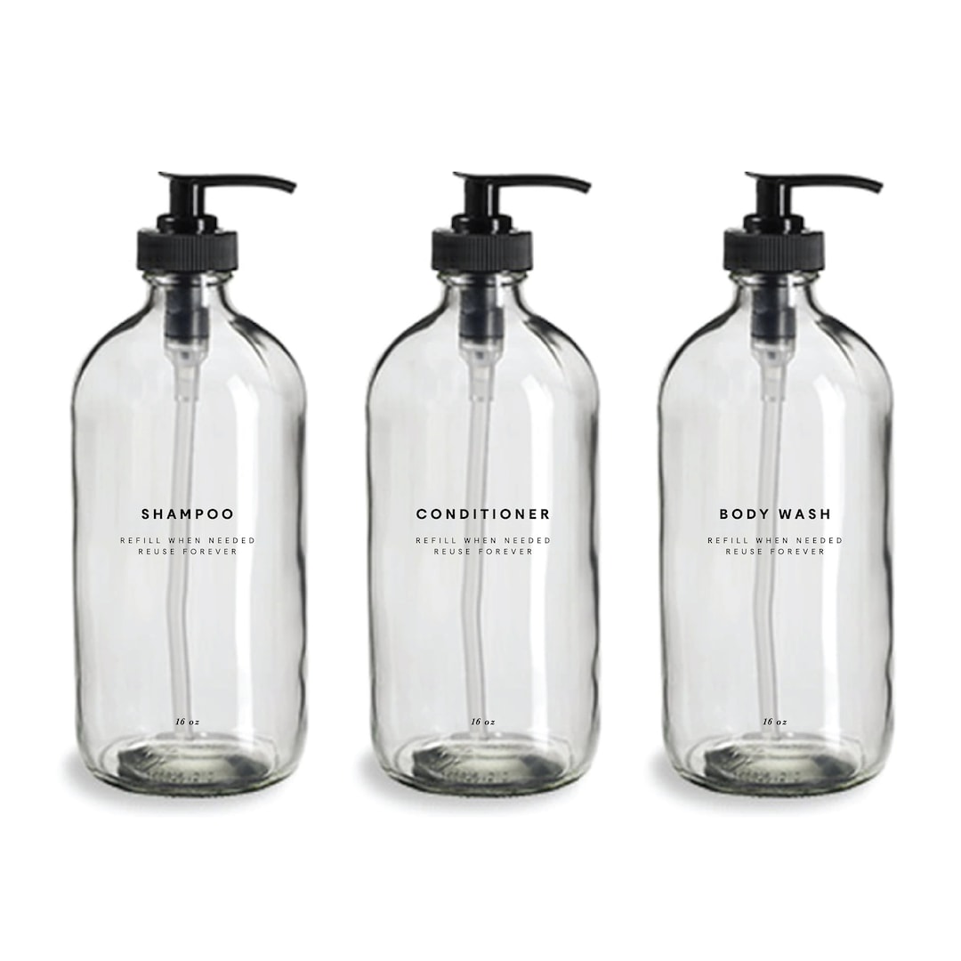 Shampoo, Conditioner & Body Wash Set - 16oz Glass, Refillable Bottles ...