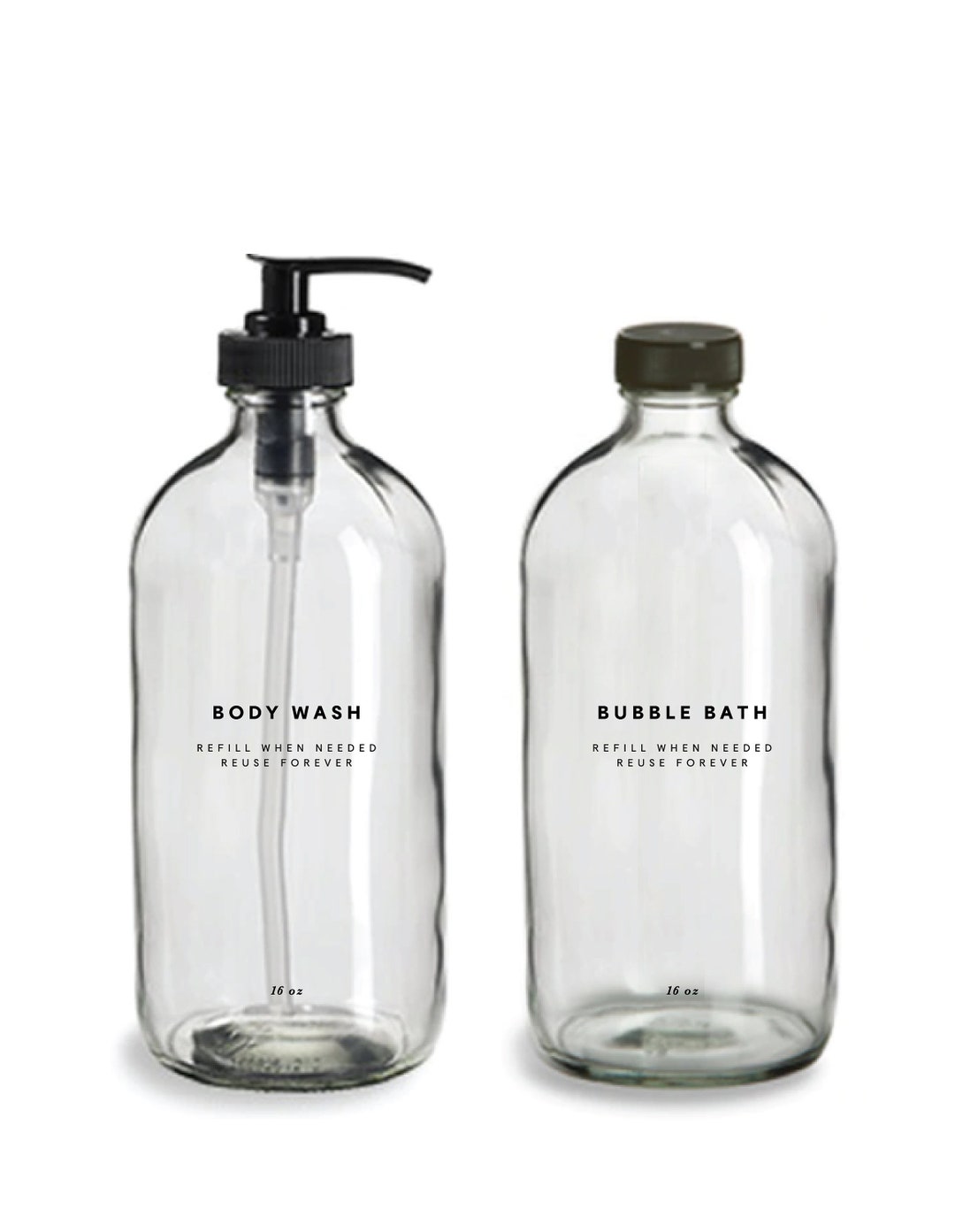 Body Wash and Bubble Bath Bottles - 16oz Glass, Clear, Refillable ...