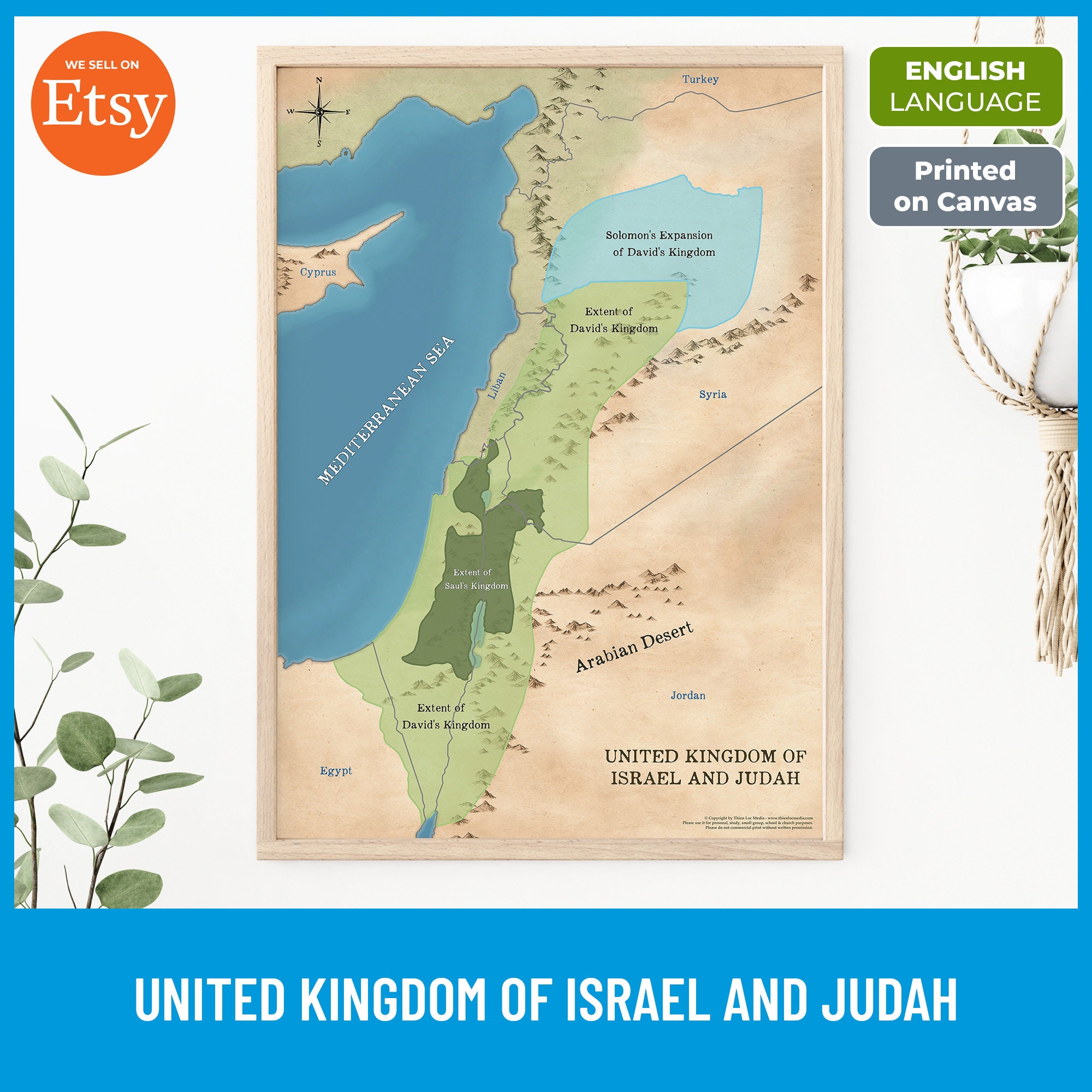 United Kingdom of Israel & Judah Map, Printable Bible Map, King David ...