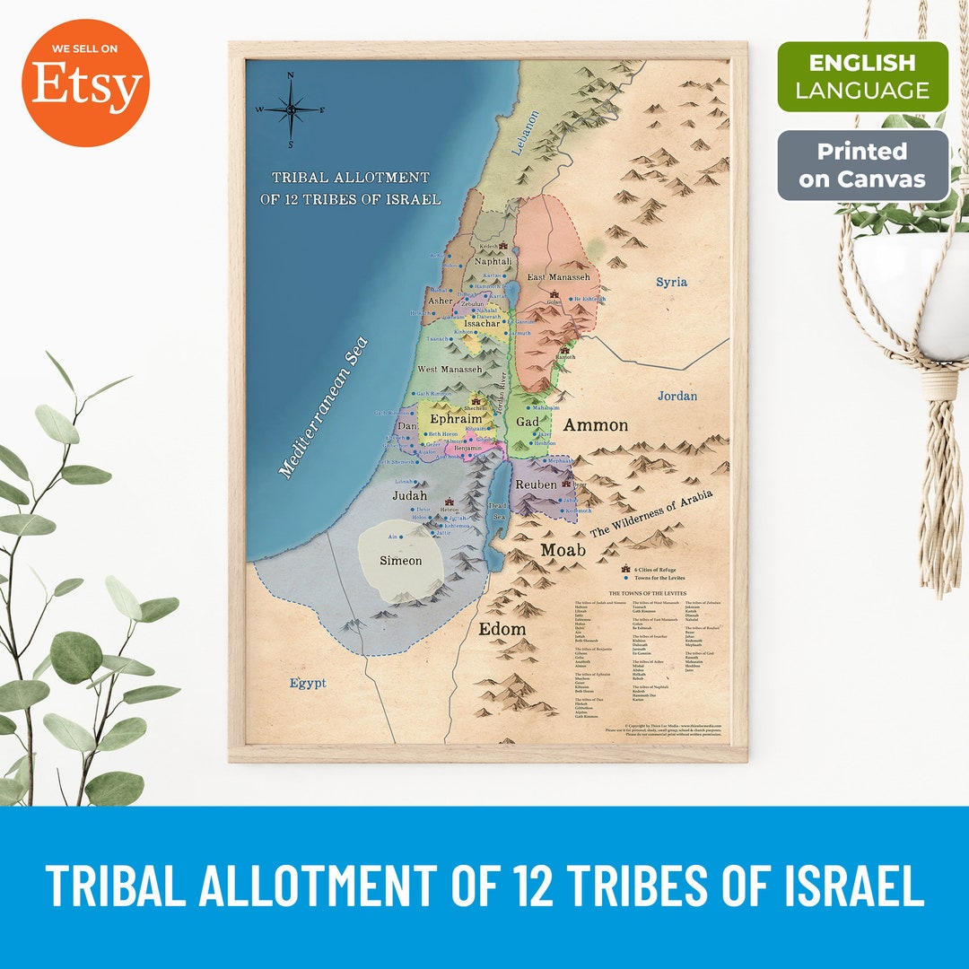 Asignación tribal de 12 tribus de Israel, mapa bíblico impreso en ...