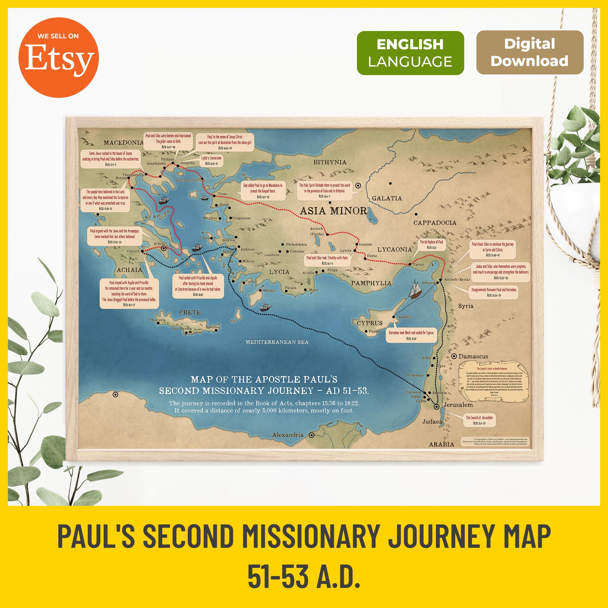 Paul's Second Missionary Journey Map: Bible Study Decor (digital ...