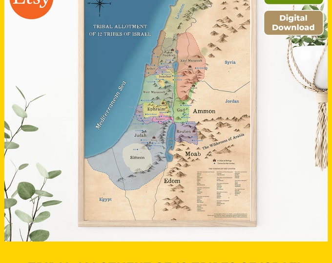 Tribal Allotment Map: 12 Tribes of Israel, Old Testament (digital ...