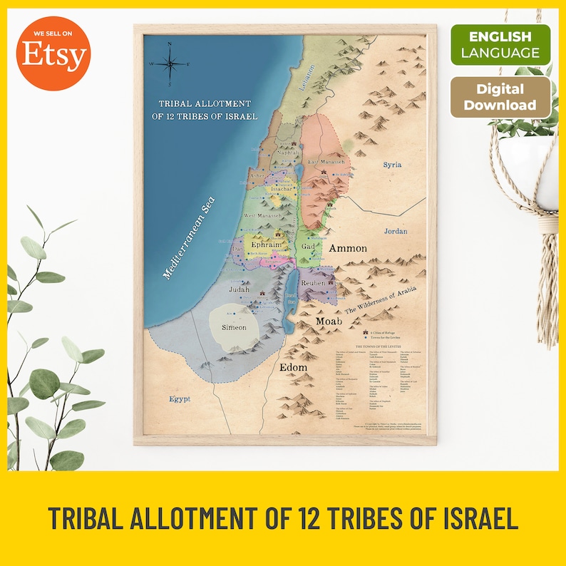 Tribal Allotment Map: 12 Tribes of Israel, Old Testament (digital ...