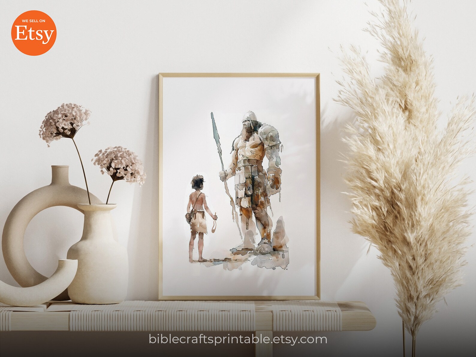 David and Goliath Wall Art – Bible Watercolor Print, Scripture Verse ...