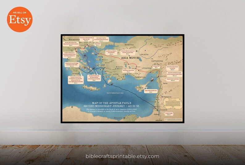 Paul's Second Missionary Journey Map: Christian Wall Art, Bible Study ...