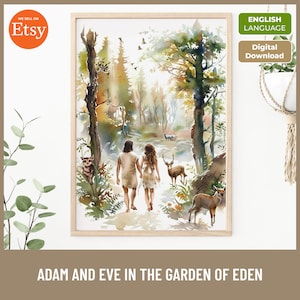 Adam and Eve in the Garden of Eden Canvas Wall Art Poster Modern Minimalist Scripture Watercolor ...