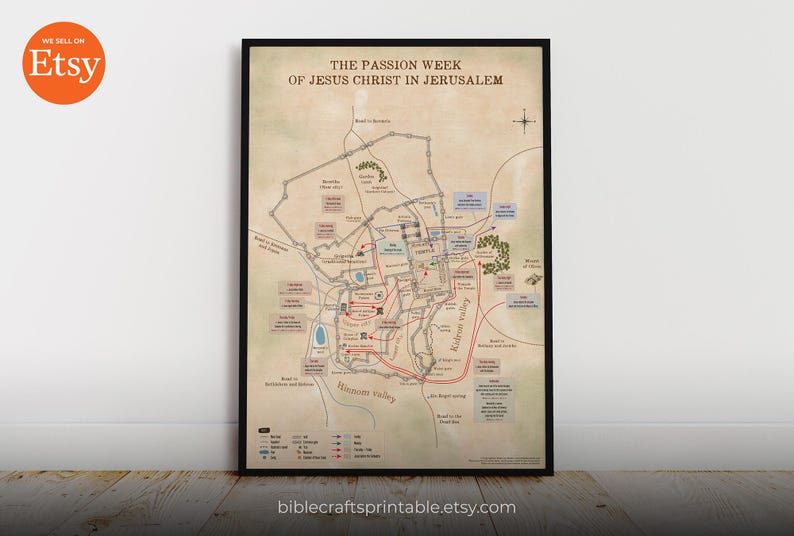 Passion Week of Jesus Christ Map: Jerusalem Journey, Christian Easter ...
