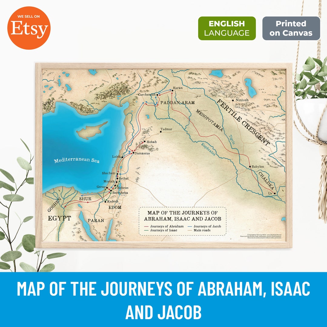 Map of the Journeys of Abraham, Isaac and Jacob, Bible Map printed on ...
