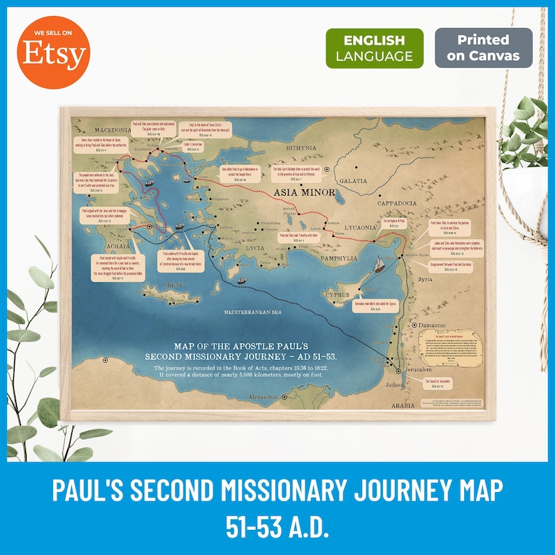 Paul's Second Missionary Journey Map: Christian Wall Art, Bible Study ...