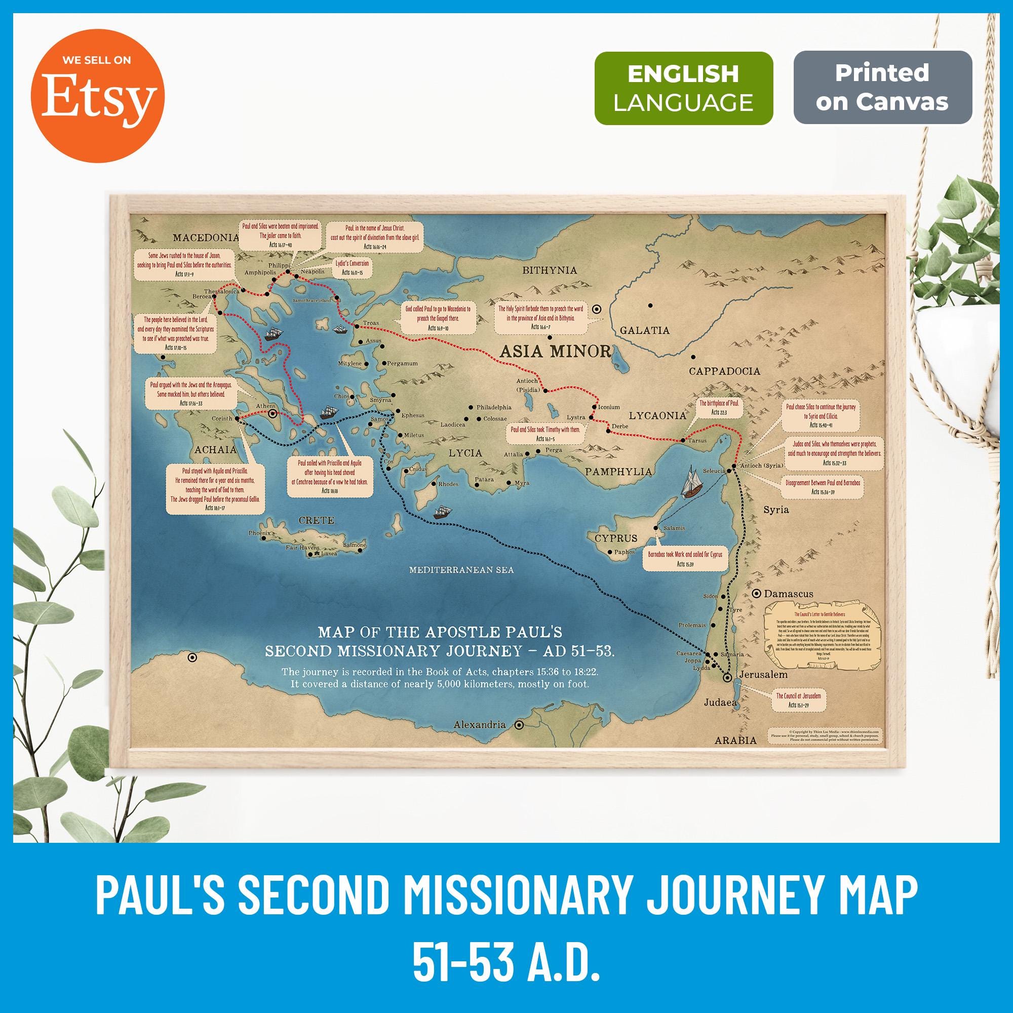 Paul's Second Missionary Journey Map: Christian Wall Art, Bible Study ...