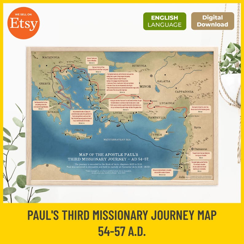 Paul's Third Missionary Journey Map, Printable Bible Map, Apostle Paul ...