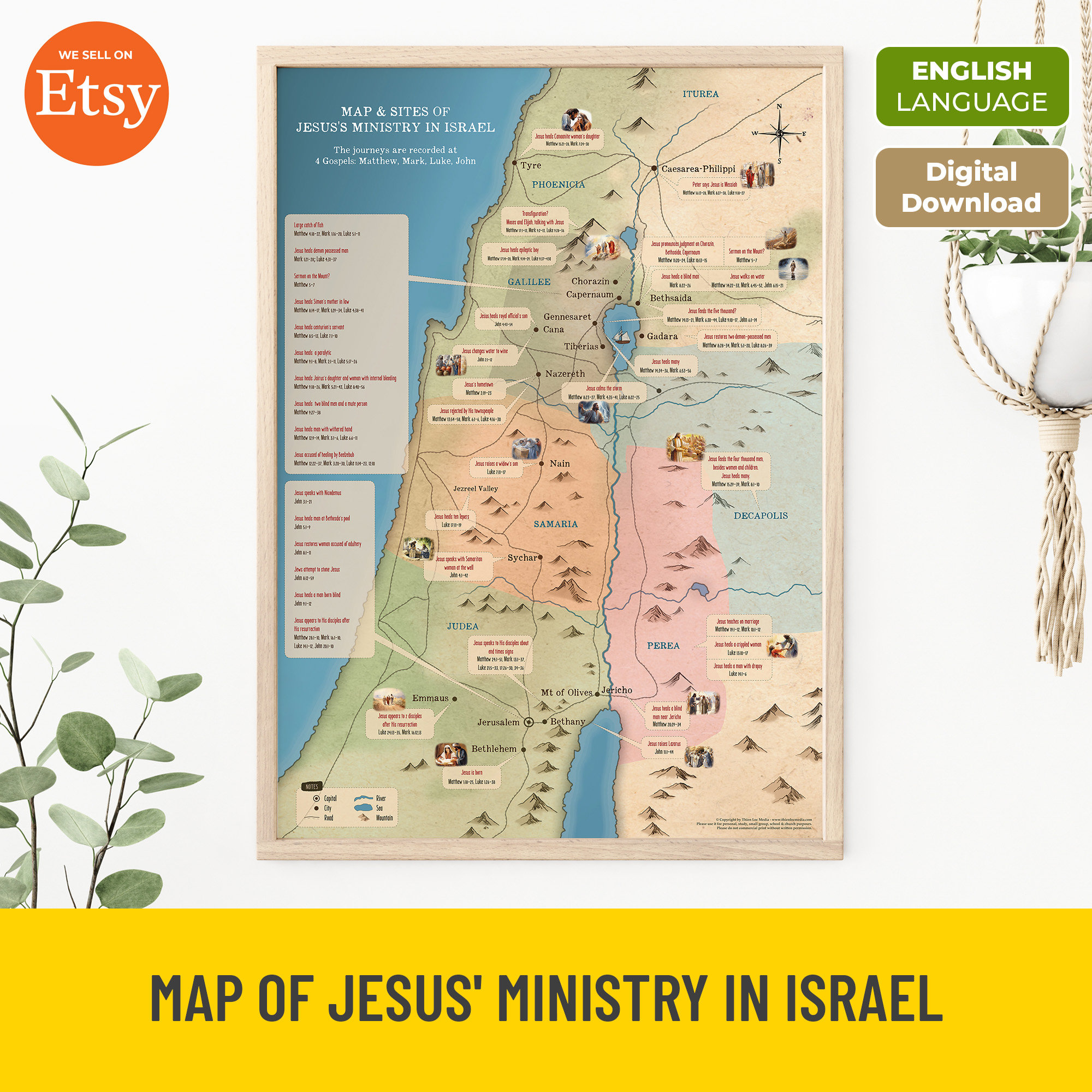 Map of Jesus' Ministry in Israel, Bible Map Instant Download - Etsy ...