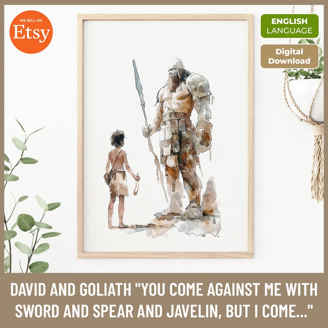 David and Goliath Wall Art – Bible Watercolor Print, Scripture Verse ...