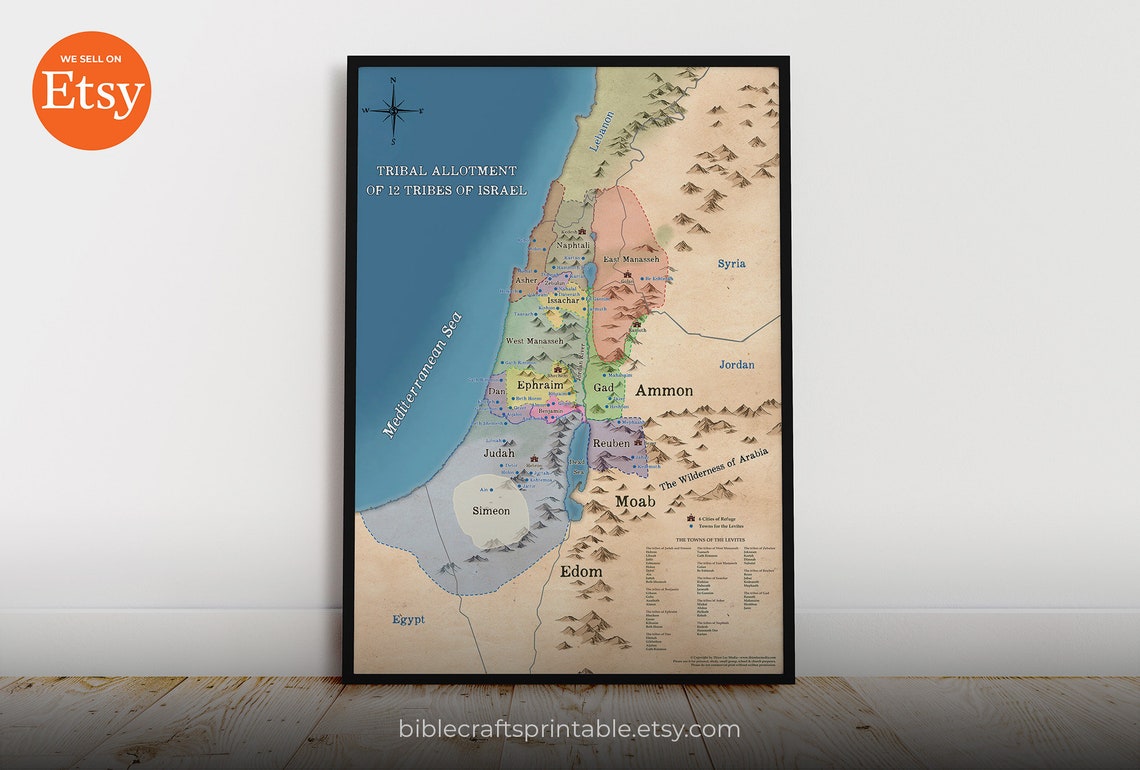 Tribal Allotment Map: 12 Tribes of Israel, Old Testament (digital ...