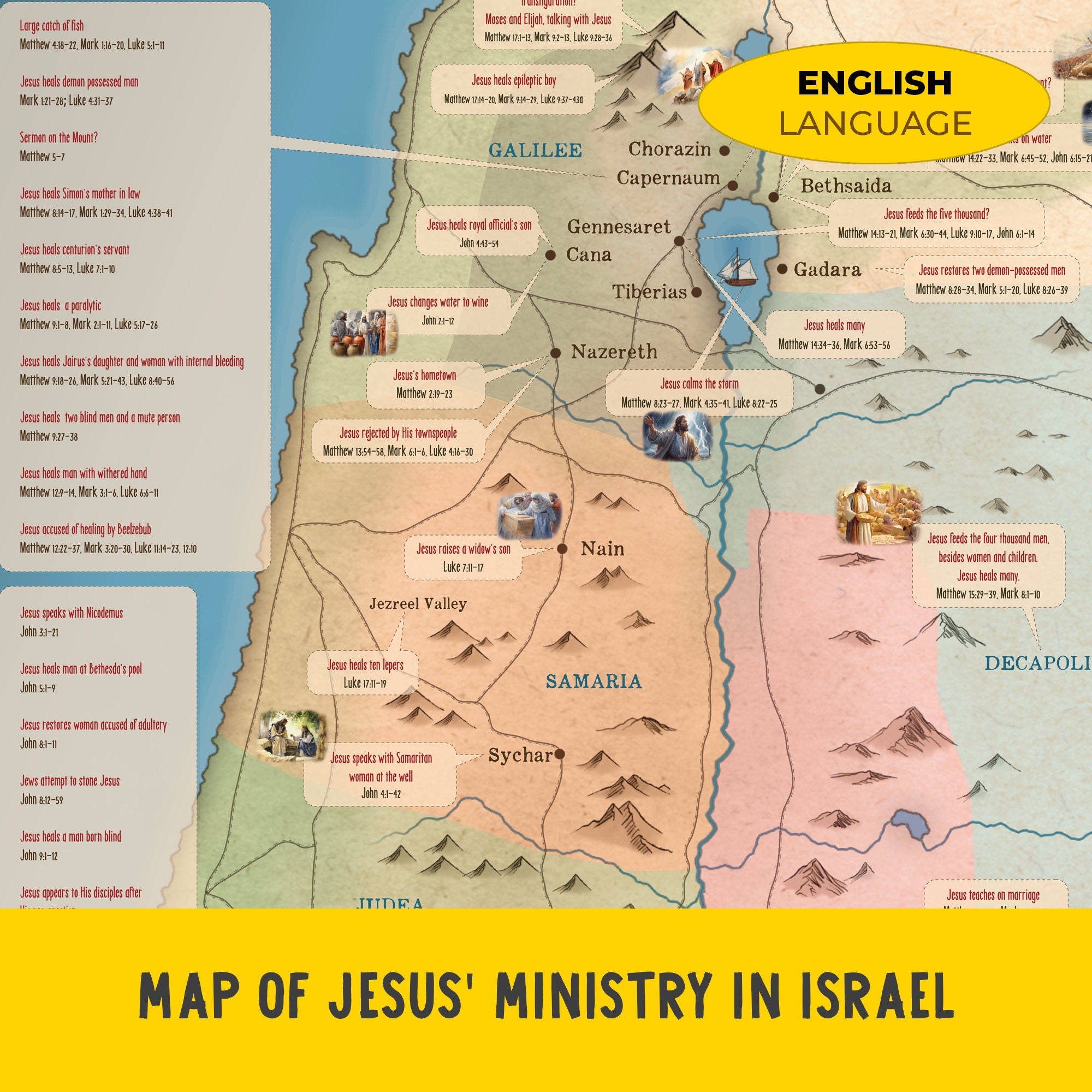 Map of Jesus' Ministry in Israel, Bible Maps, download Printable - Etsy ...