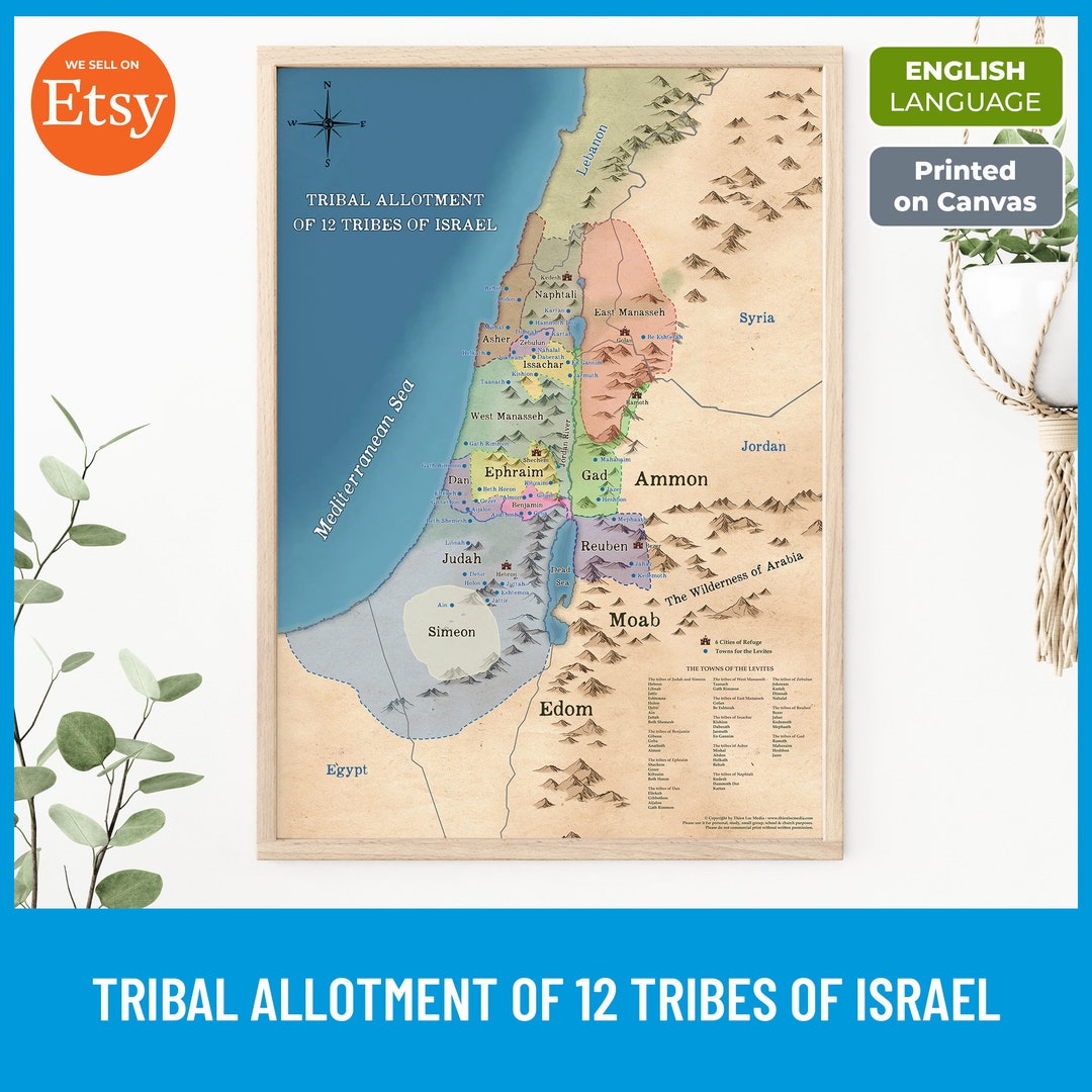 Tribal Allotment of 12 Tribes of Israel Map, Promised Land Division ...