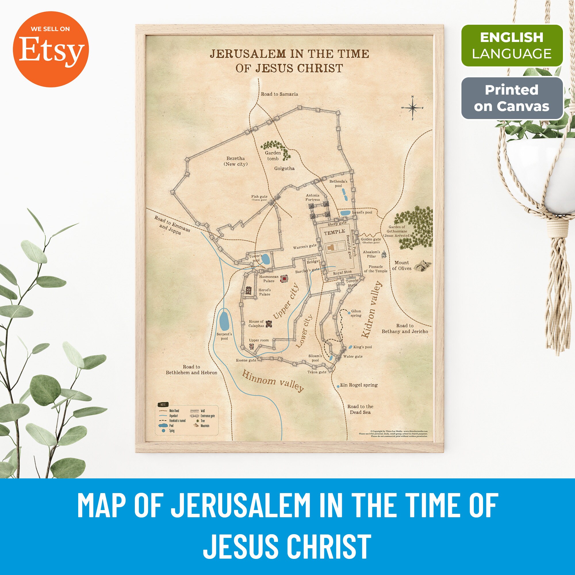 Map of Jerusalem in the Time of Jesus Christ, Bible Map printed on ...
