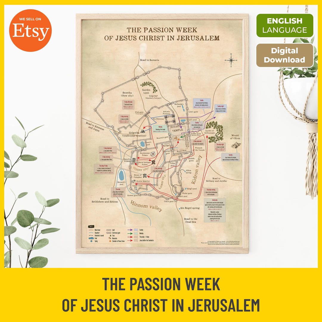 Passion Week of Jesus Christ Map: Jerusalem Journey, Christian Easter ...