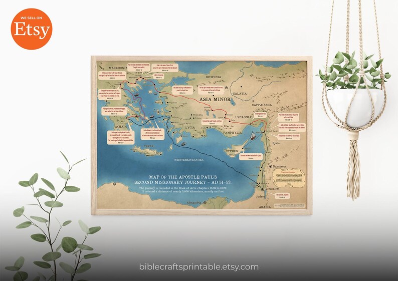 Paul's Second Missionary Journey Map: Christian Wall Art, Bible Study ...