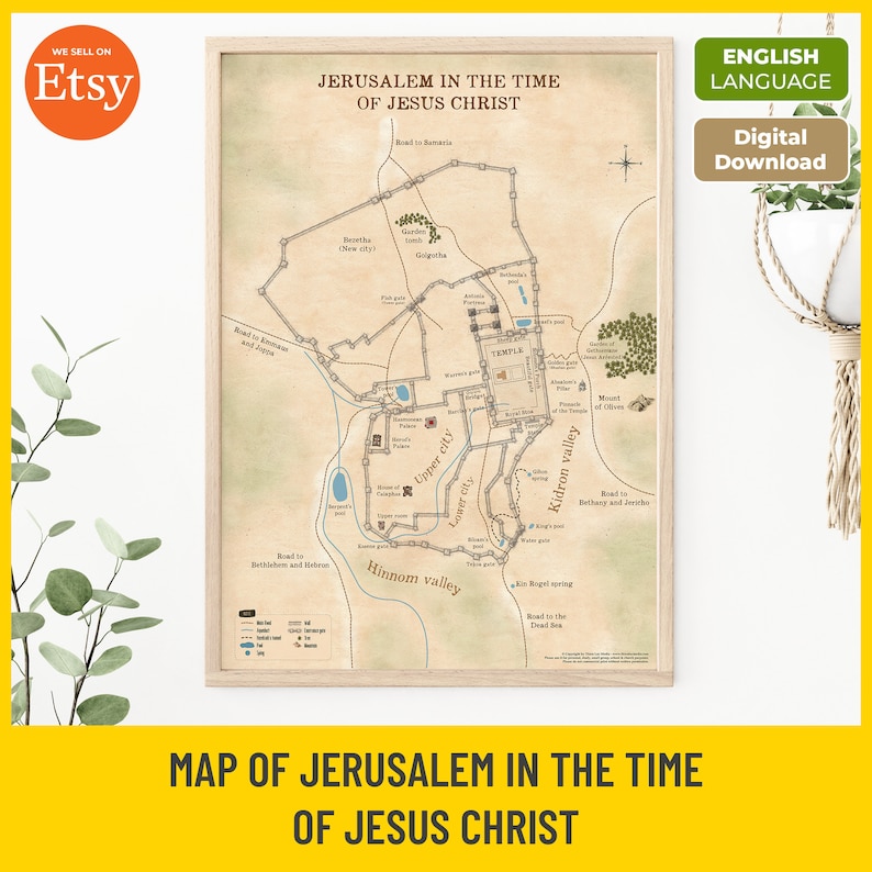 Map of Jerusalem in the Time of Jesus, Printable Bible Map, Holy Land ...