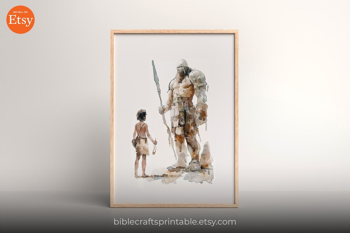 David and Goliath Wall Art – Bible Watercolor Print, Scripture Verse ...