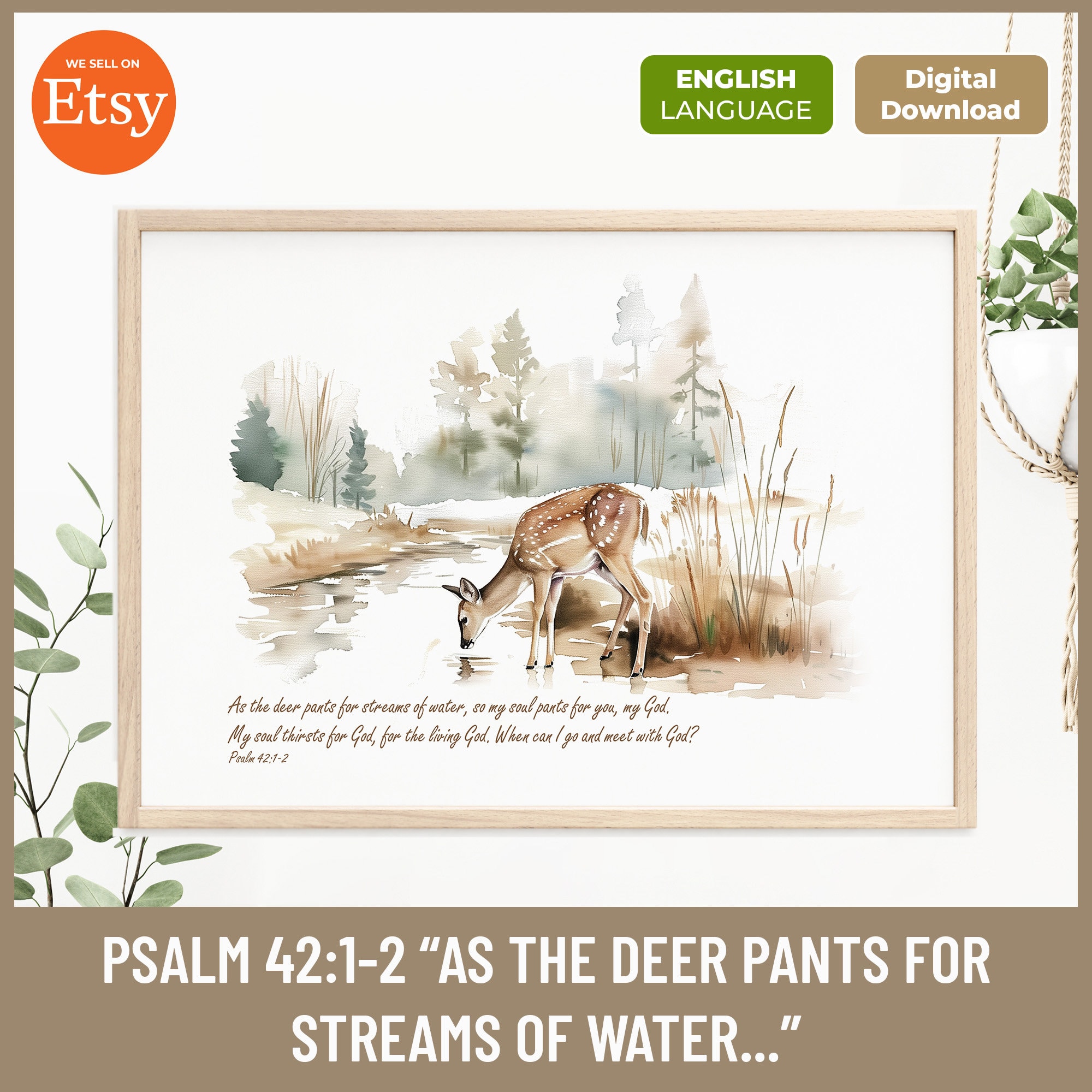 Psalm 42:1-2 Canvas Wall Art – as the Deer Pants for Water Print, Boho ...