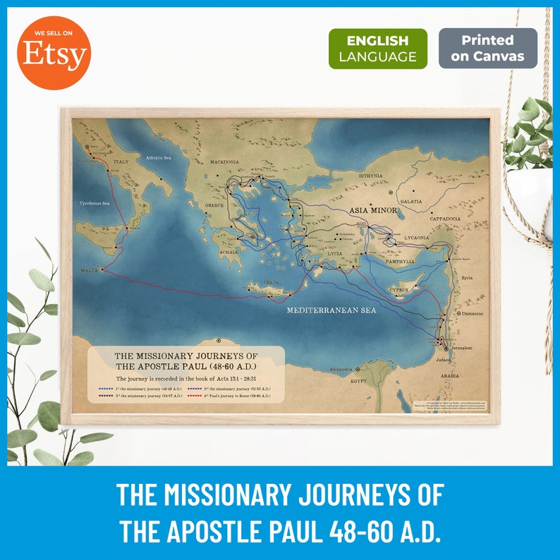Apostle Paul's Journeys Map (48-60 AD): Christian Wall Art, Bible Study ...