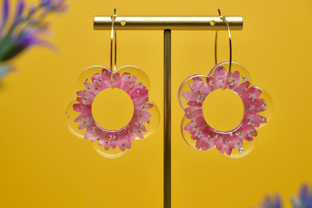 Pink Daisy Hoops, Flower Power Hoops, Chunky Pink Hoops, Real Flower ...